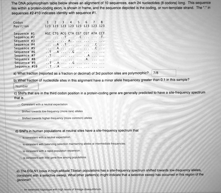SOLVED: The DNA polymorphism table below shows an alignment of 10 ...