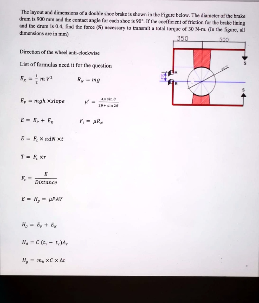 SOLVED: The layout and dimensions of a double shoe brake is shown in ...