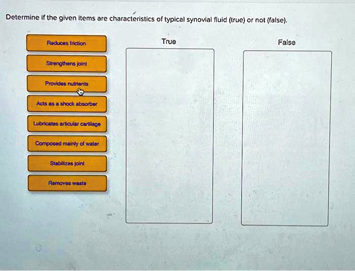 Determine if the given items are characteristics of typical synovial fluid (true) or not (false ...