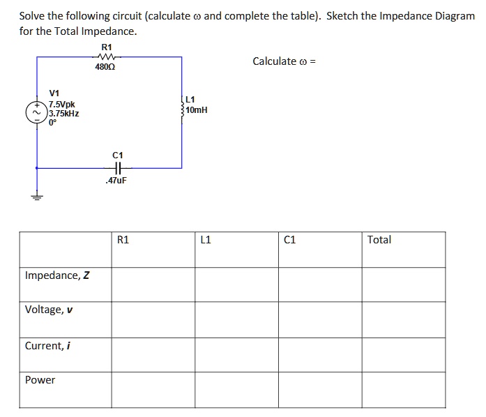 SOLVED: Solve the following circuit (calculate omega and complete the table). Sketch the ...