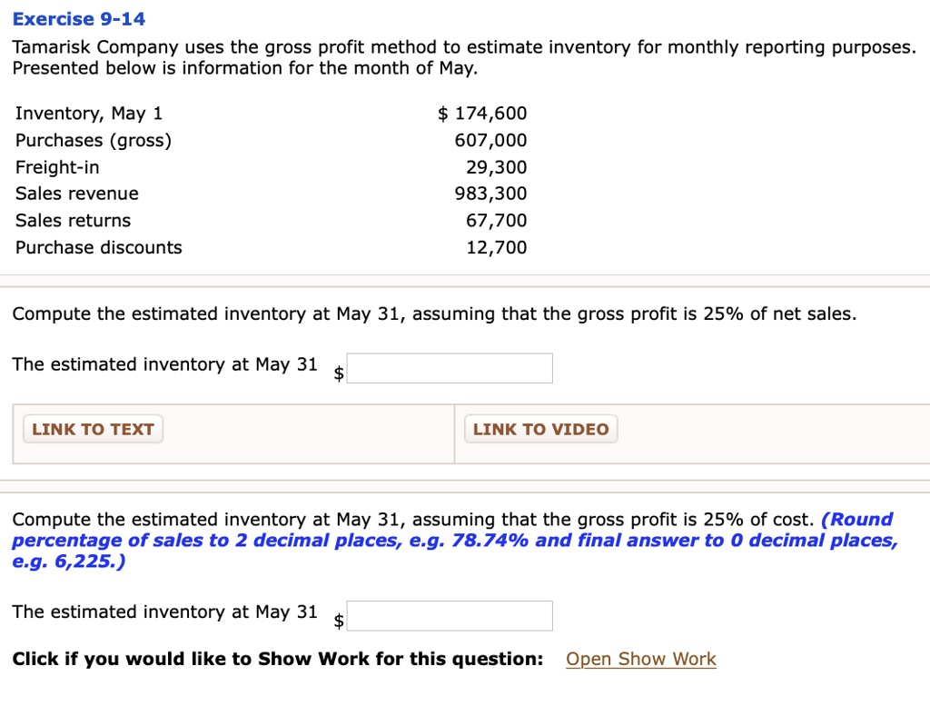 SOLVED: Exercise 9-14 Tamarisk Company uses the gross profit method to ...