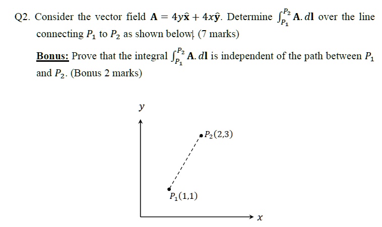 SOLVED: Consider the vector field 𝐀=4𝑦𝐱̂+4𝑥𝐲̂. Determine ∫𝐀.𝑑𝐥𝑃2𝑃1 over ...