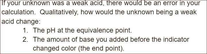 SOLVED: your unknown was a weak acid, there would be an error in your ...