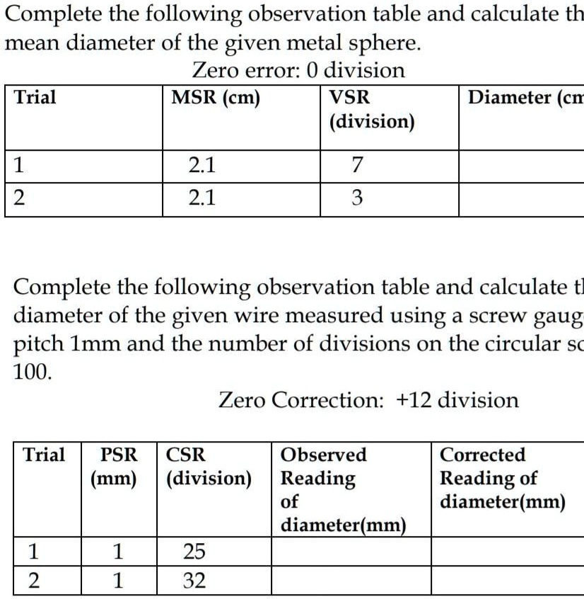 Complete the following observation table and calculate the mean ...