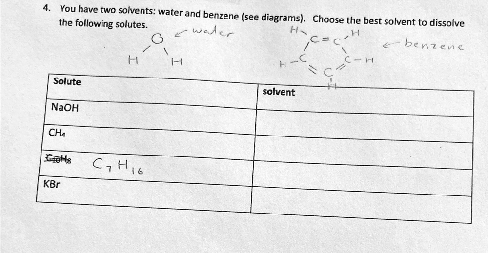 4. You have two solvents: water and benzene (see diagrams). Choose the ...