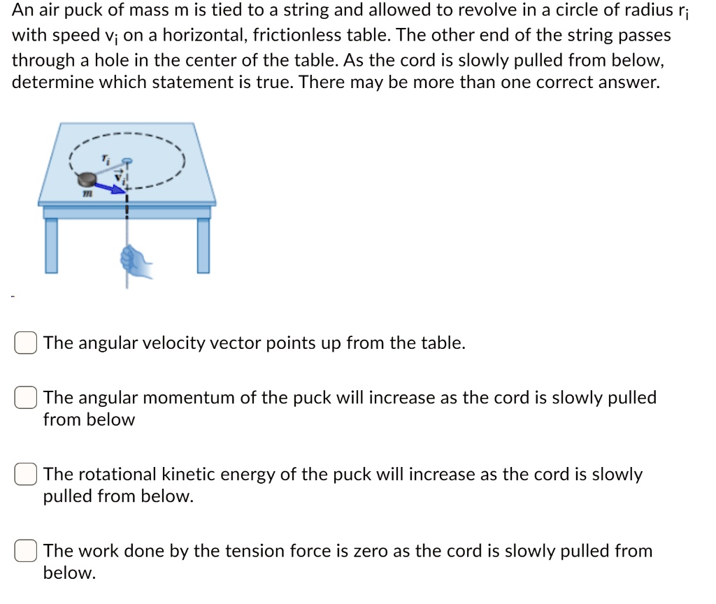 SOLVED: An air puck of mass m is tied to a string and allowed to revolve in a circle of radius r ...