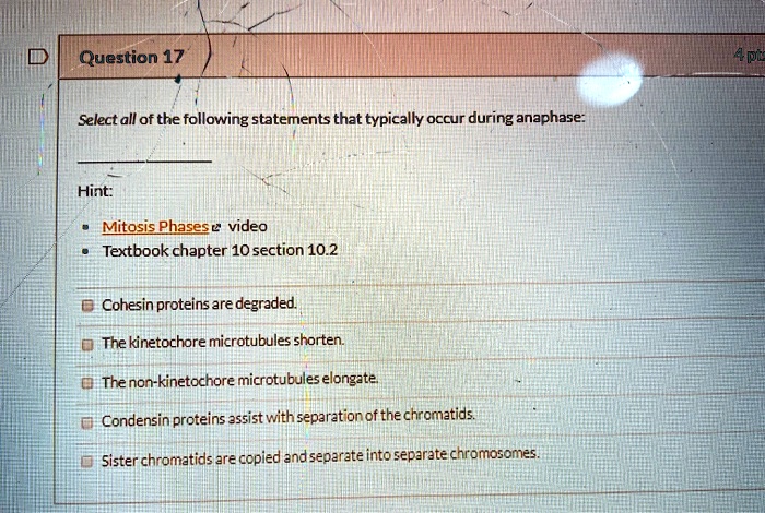 SOLVED: Select all of the following statements that typically occur during anaphase: Hint ...