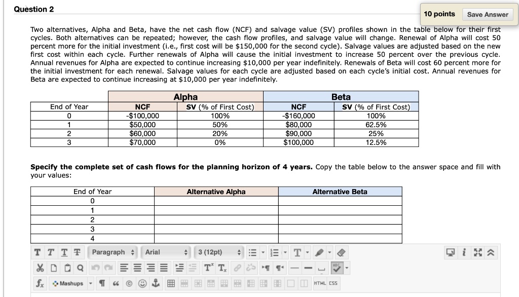 SOLVED: Two alternatives, Alpha and Beta, have the net cash flow (NCF ...
