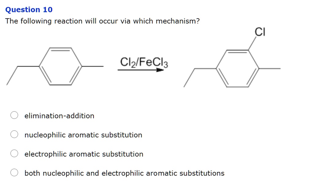 SOLVED: Question 10 The following reaction will occur via which mechanism? Cl Clz/FeCla ...