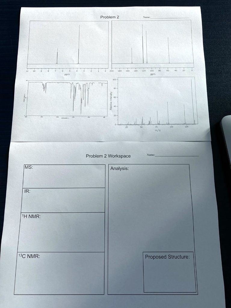SOLVED: Problem 2 Workspace MS: Analysis: IR: 1H NMR: 13C NMR: Proposed ... SOLVED: Problem 2 Workspace MS: Analysis: IR: 1H NMR: 13C NMR: Proposed ...
