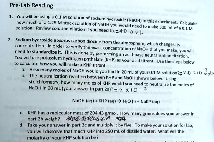 SOLVED: Pre-Lab Reading You will be using 0.1 M solution of sodium how much of 1.25 M stock ...