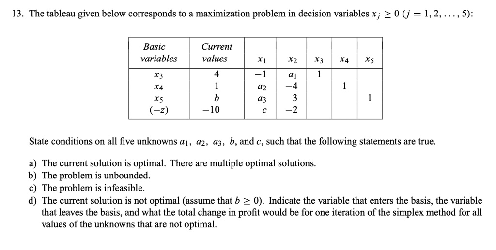 13 the tableau given below corresponds to a maximization problem in decision variables xj z 0 j ...