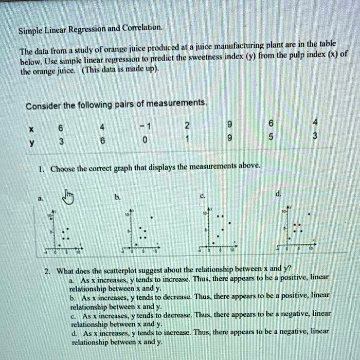 SOLVED:Simple Linear Regression and Correlation; study of orange juice produced a1 iuice ...