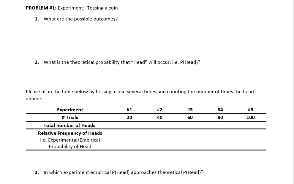 SOLVED: PROBLEM #1: Experiment: Tossing coin What are the possible ...