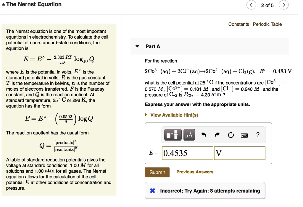SOLVED: *The Nernst Equation 2 of 5 Constants Periodic Table The Nernst ...