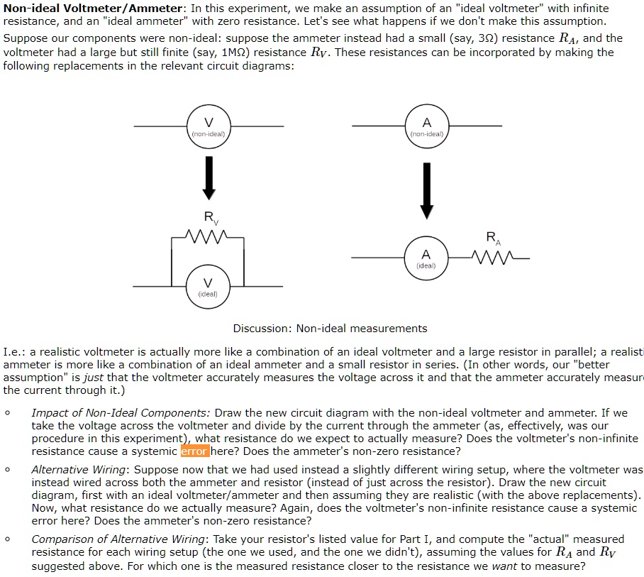 SOLVED: Non-ideal Voltmeter / Ammeter: In this experiment, we make an ...