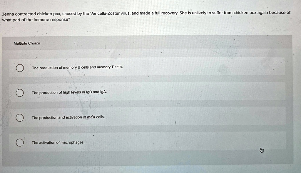 Jenna contracted chicken pox, caused by the Varicella-Zoster virus, and ...