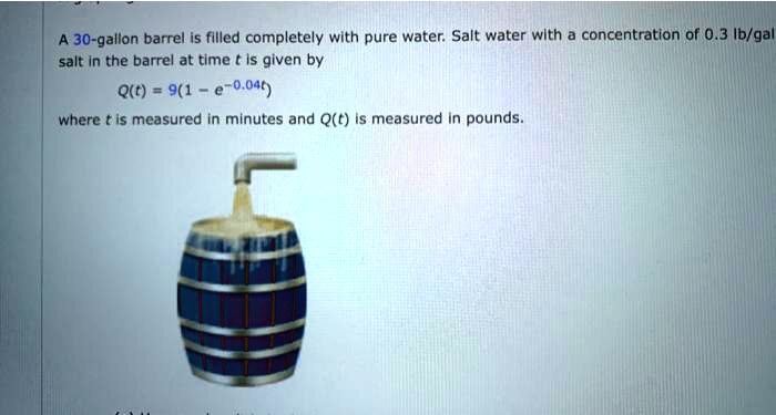 SOLVED: A 30-gallon barrel is filled completely with pure water: Salt ...