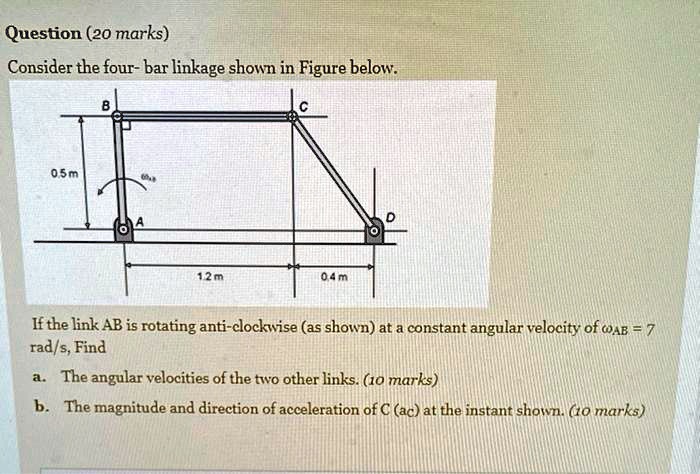 SOLVED: Question (20 marks) Consider the four- bar linkage shown in ... SOLVED: Question (20 marks) Consider the four- bar linkage shown in ...