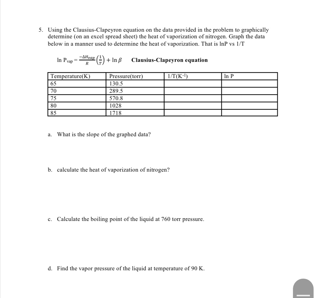 5. Using the Clausius-Clapeyron equation on the data provided in the ...