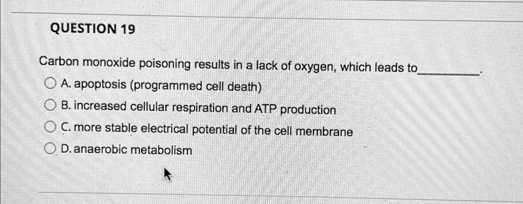 Solved Question 19 Carbon Monoxide Poisoning Results In A Lack Of Oxygen Which Leads To A 