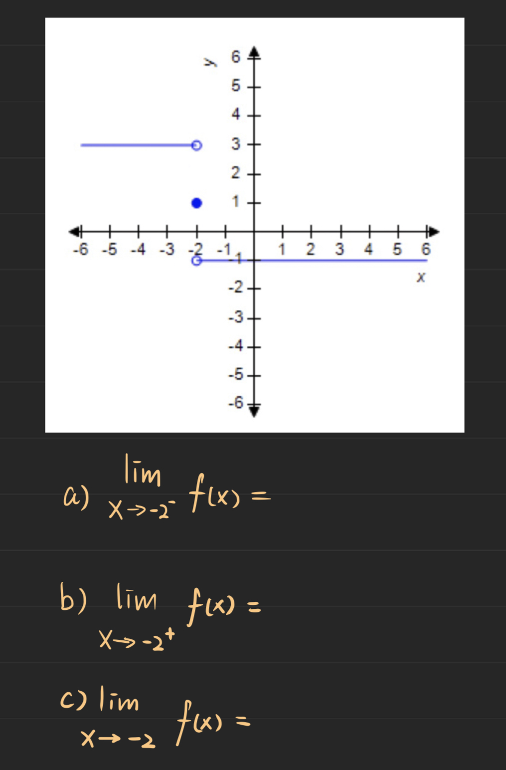 SOLVED: a) limx →-2^- f(x)= b) lim f(x)= x →-2^+ c) limx →-2 f(x)=