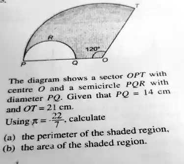 SOLVED: sector OPT with The diagram shows semicirele PQR with centre and that PQ 14 cm diameter ...