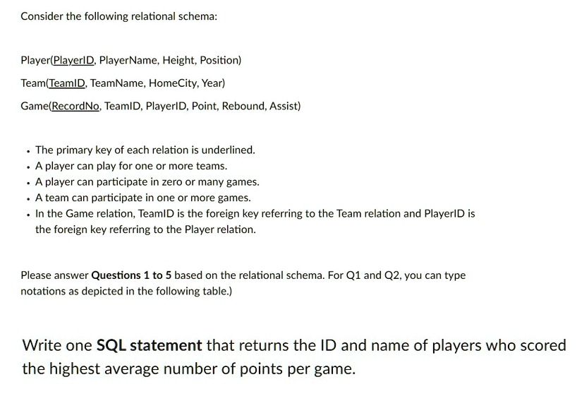 Consider the following relational schema: Player(PlayerID, PlayerName ...
