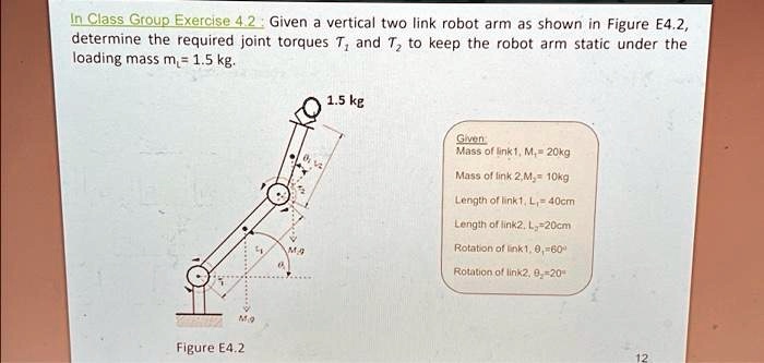 SOLVED: In Class Group Exercise 4.2: Given a vertical two-link robot arm as shown in Figure E4.2 ...