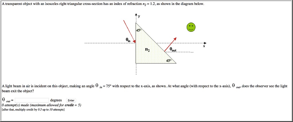 A transparent object with an isosceles right triangular cross-section has an index of refraction ...
