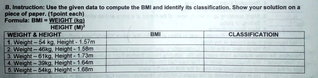 SOLVED: B. Instruction: Use the given data to compute the BMI and ...