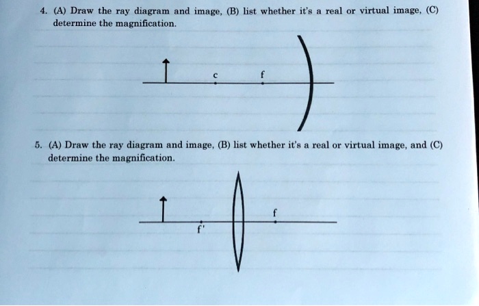SOLVED: (A) Draw the ray diagram and image, (B) list whether it'8 real or virtual image ...