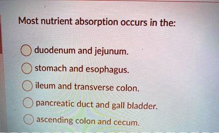 SOLVED: Most nutrient absorption occurs in the: duodenum and jejunum ...