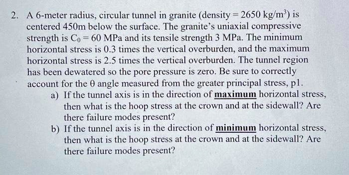 a 6 meter radius circular tunnel in granite density 2650 kgm is ...