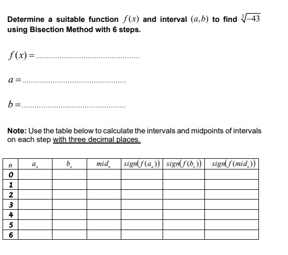 SOLVED: Determine a suitable function f(x) and interval (a,b) to find 3 ...