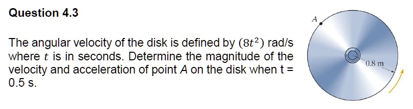 SOLVED: The angular velocity of the disk is defined by (8t^2) rad/s, where t is in seconds ...