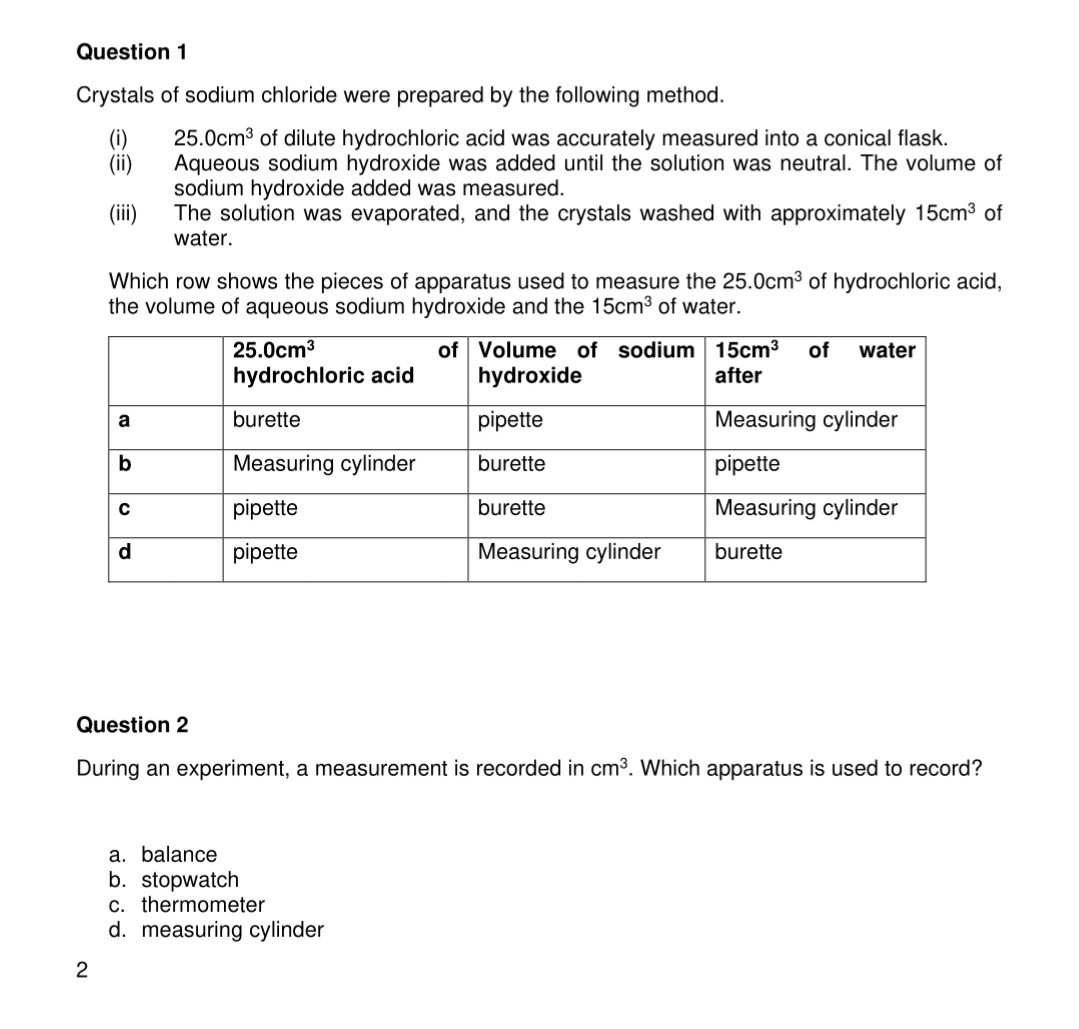 Question 1 Crystals of sodium chloride were prepared by the following ...