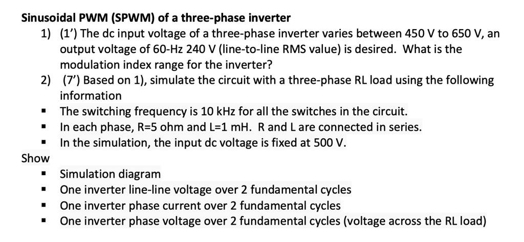 Sinusoidal PWM (SPWM) of a three-phase inverter 1) (1') The dc input voltage of a three-phase ...