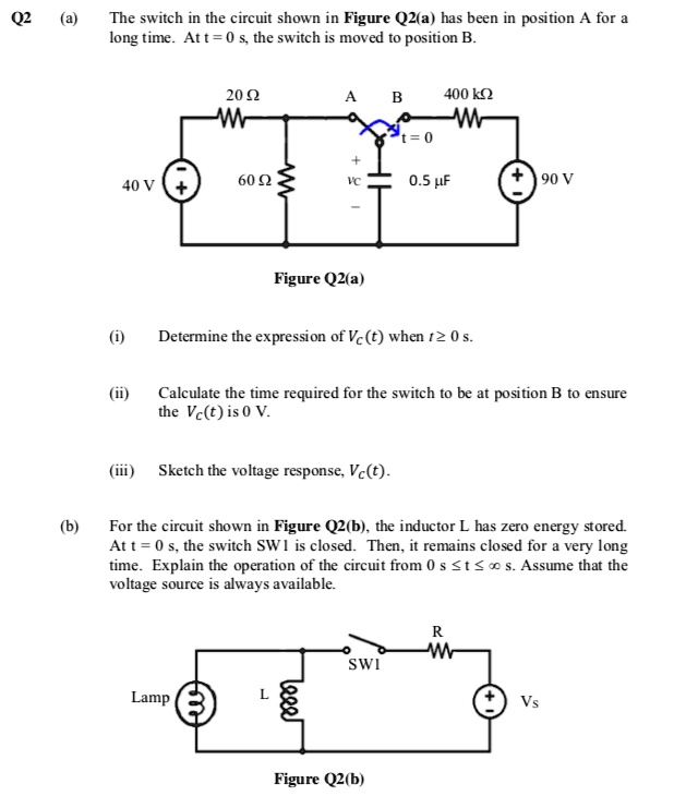SOLVED: (a) The switch in the circuit shown in Figure Q2(a) has been in position A for a long ...