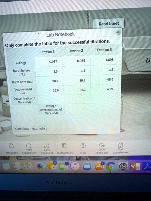 SOLVED: Read buret Lab Notebook Only complete the table for the ...