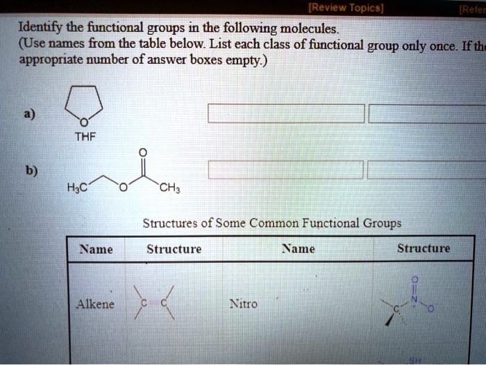 review topics refer identify the functional groups in the following molecules use names from the ...