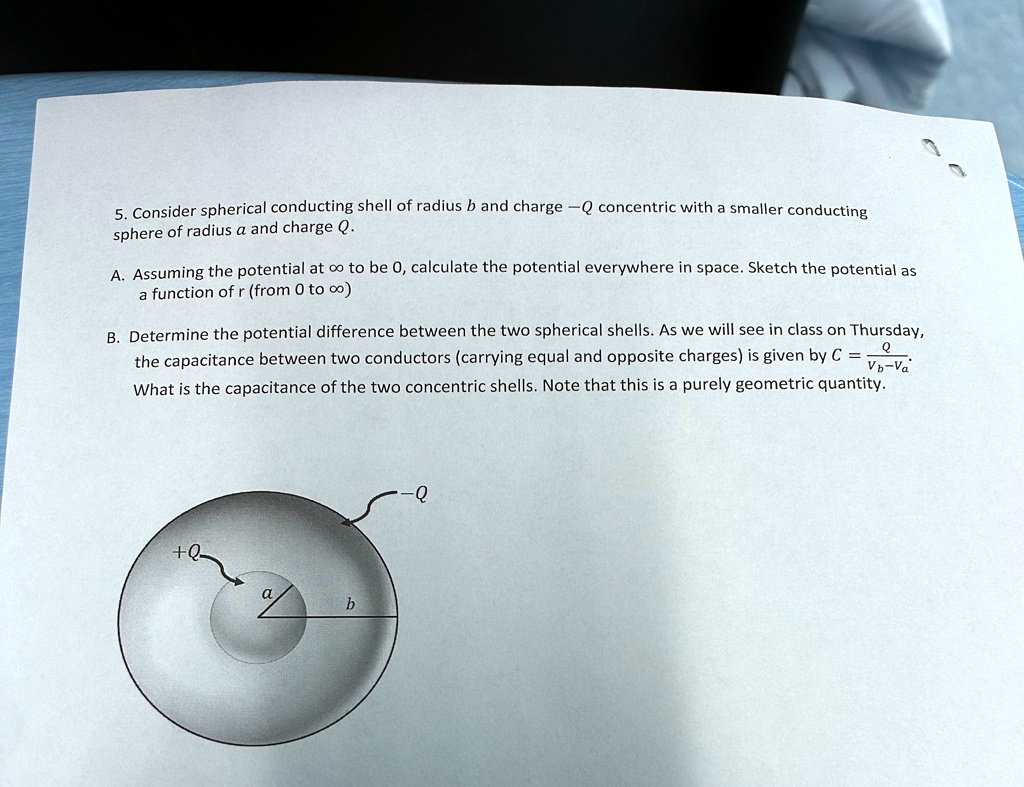 5. Consider spherical conducting shell of radius b and charge -Q concentric with a smaller ...