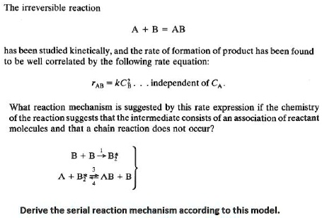The irreversible reaction A + B = AB has been studied kinetically, and the rate of formation of ...