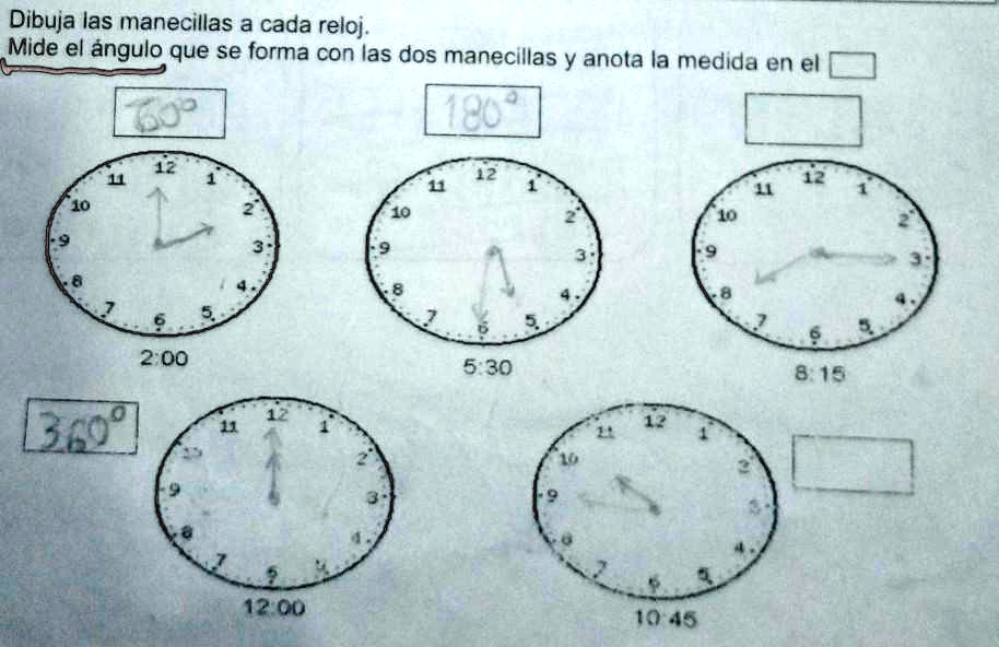 SOLVED: mide el ángulo que se forma con las dos manecillas y anota la ...