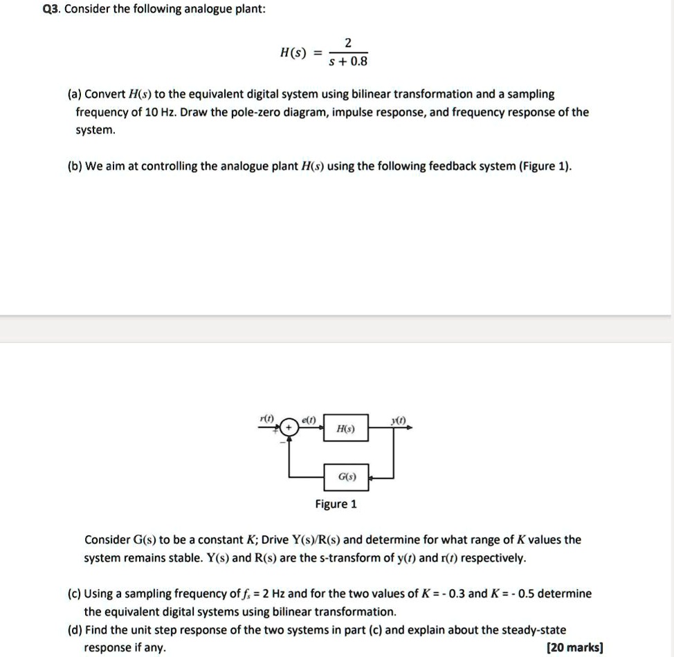 q3 consider the following analogue plant hs s 08 a convert hs to the equivalent digital system ...