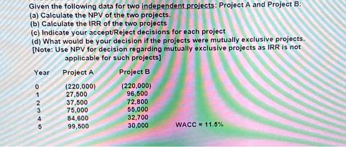 SOLVED: Please use Excel. Given the following data for two independent projects, Project A and ...