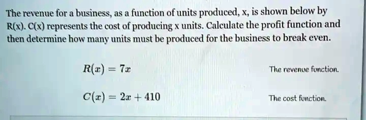 SOLVED: The revenue for a business, as a function of units produced, x ...