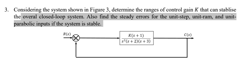 SOLVED: Considering the system shown in Figure 3, determine the ranges of control gain K that ...