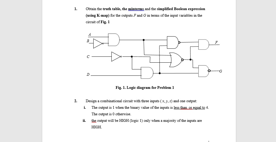 1. Obtain the truth table, the minterms and the simplified Boolean expression (using K-map) for ...