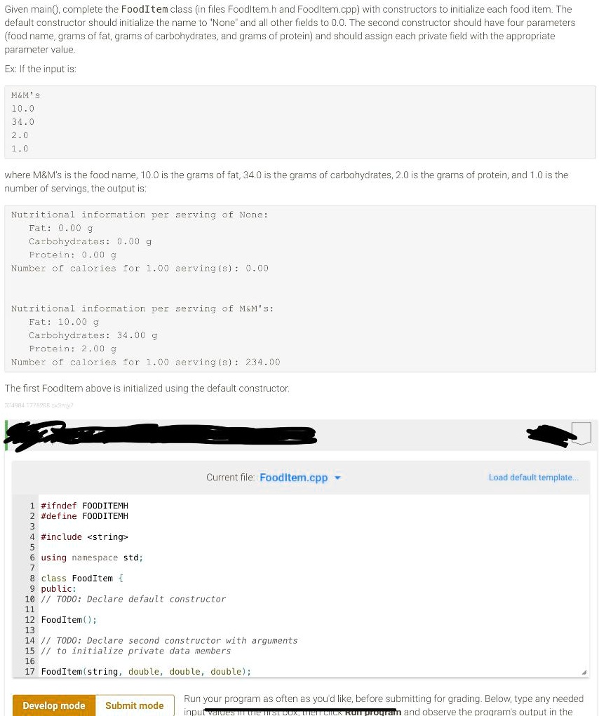 SOLVED: Given main(), complete the FoodItem class (in files FoodItem.h and FoodItem.cpp) with ...